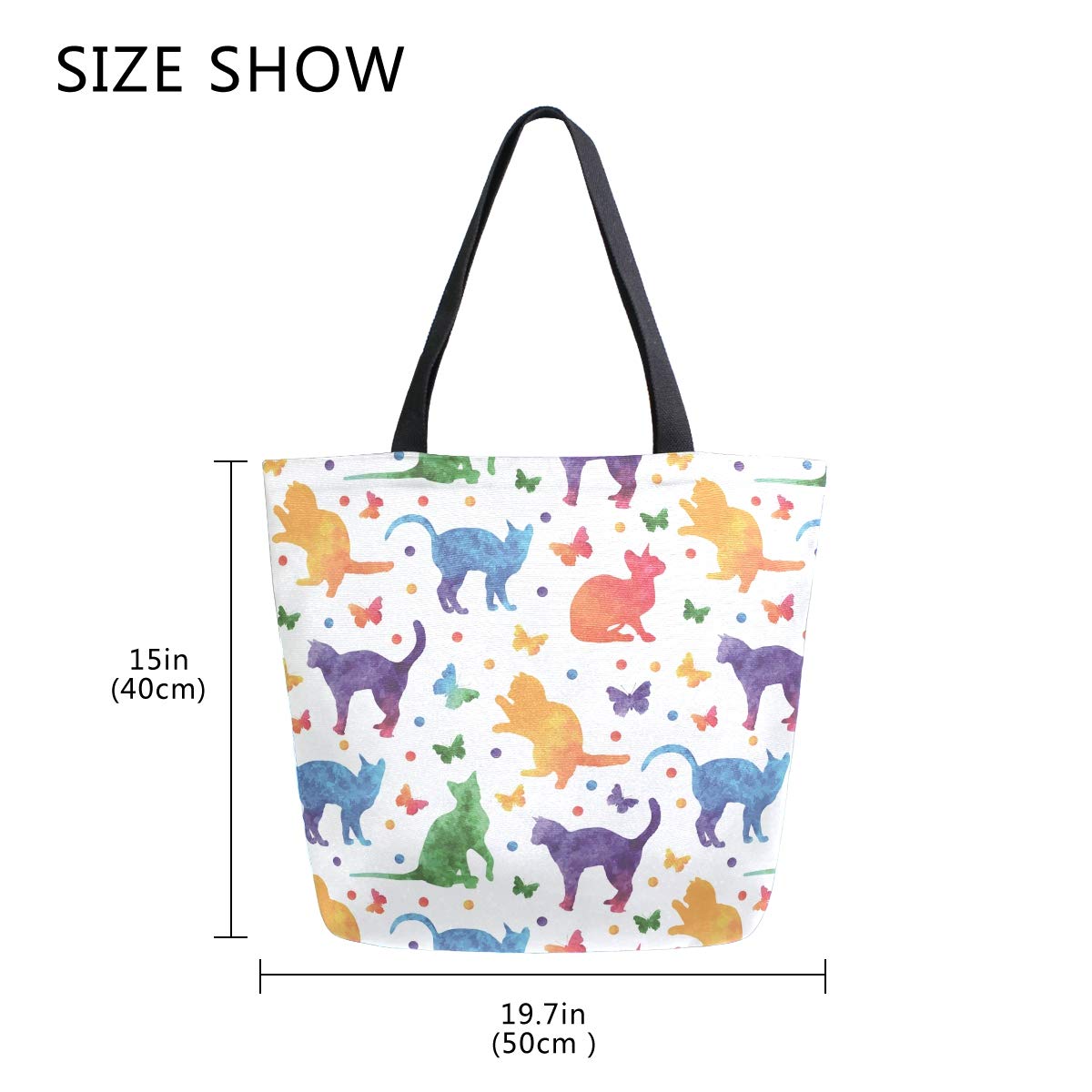 ALAZA Large Canvas Tote Bag Rainbow Cute Cat Butterflies Polka Dot Shopping Shoulder Handbag with Small Zippered Pocket