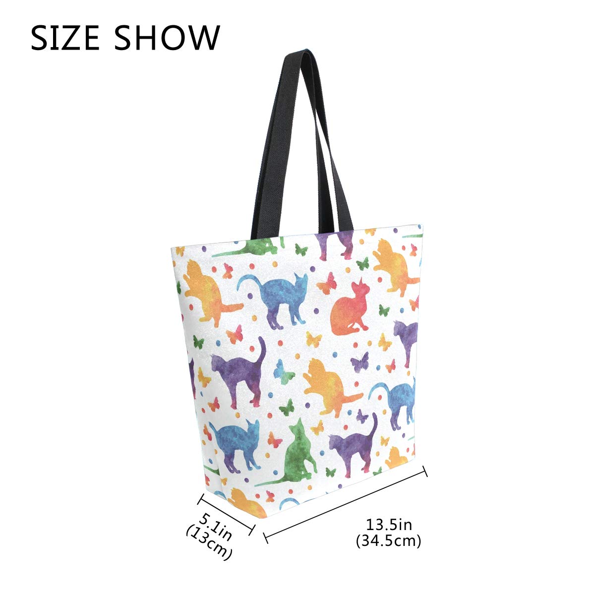 ALAZA Large Canvas Tote Bag Rainbow Cute Cat Butterflies Polka Dot Shopping Shoulder Handbag with Small Zippered Pocket