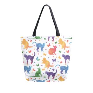 ALAZA Large Canvas Tote Bag Rainbow Cute Cat Butterflies Polka Dot Shopping Shoulder Handbag with Small Zippered Pocket