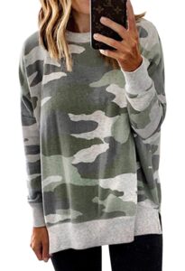 ecowish women side split sweatshirt: fall crewneck long sleeve oversized camo shirts casual camouflage print pullover tops 017 gray green m