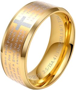 rinspyre 8mm stainless steel cross rings for men women bible verse philippians 4:13 jewelry wedding bands silver/black/gold (gold, 6)