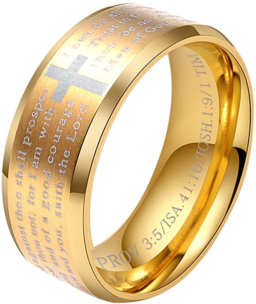 Rinspyre 8MM Stainless Steel Cross Rings for Men Women Bible Verse Philippians 4:13 Jewelry Wedding Bands Silver/Black/Gold (Gold, 6)