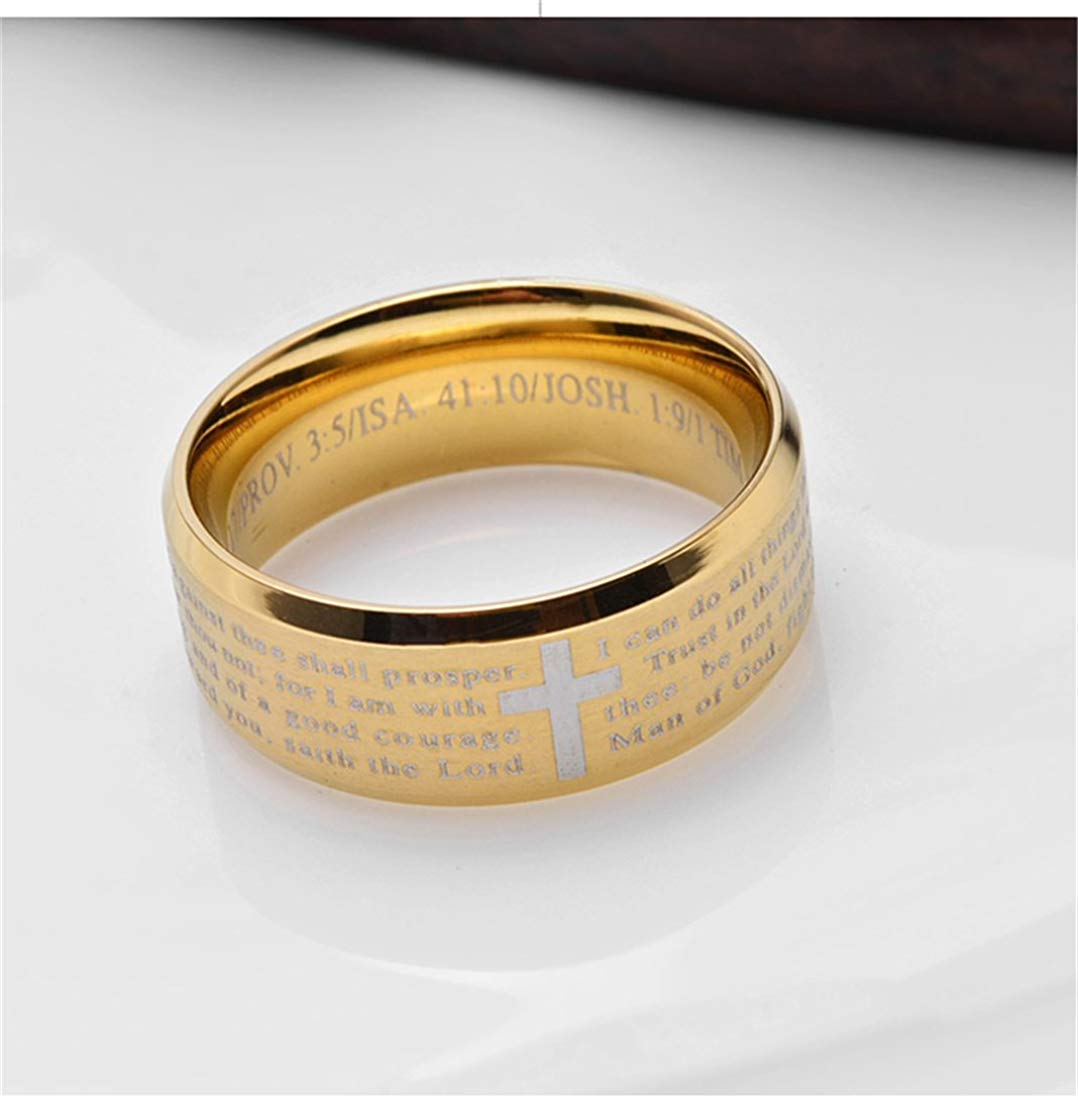 Rinspyre 8MM Stainless Steel Cross Rings for Men Women Bible Verse Philippians 4:13 Jewelry Wedding Bands Silver/Black/Gold (Gold, 6)