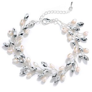 mariell bridal and wedding silver bracelet with crystal gems and freshwater pearls, fits 7" to 8 ½" wrist