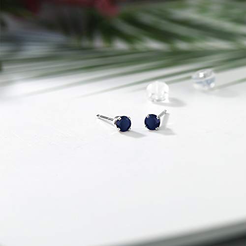 Gem Stone King 14K White Gold Blue Sapphire Stud Earrings For Women (0.26 Cttw, Gemstone Birthstone, Round 3MM)