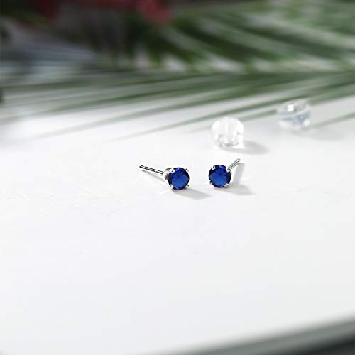 Gem Stone King 14K White Gold Blue Created Sapphire Stud Earrings For Women (1.04 Cttw, Round 3MM)