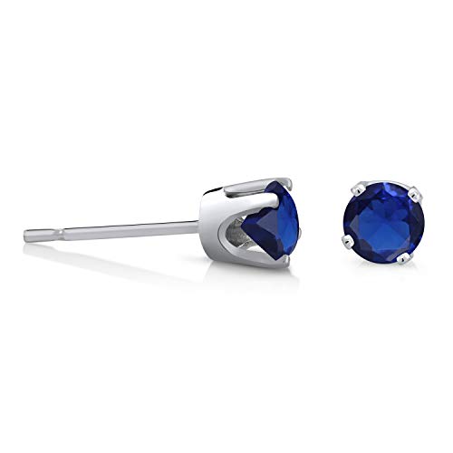 Gem Stone King 14K White Gold Blue Created Sapphire Stud Earrings For Women (1.04 Cttw, Round 3MM)