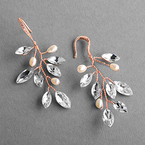 Mariell Bridal and Wedding Rose Gold Handmade Dangle Earrings, Crystal Gems and Petite Freshwater Pearls