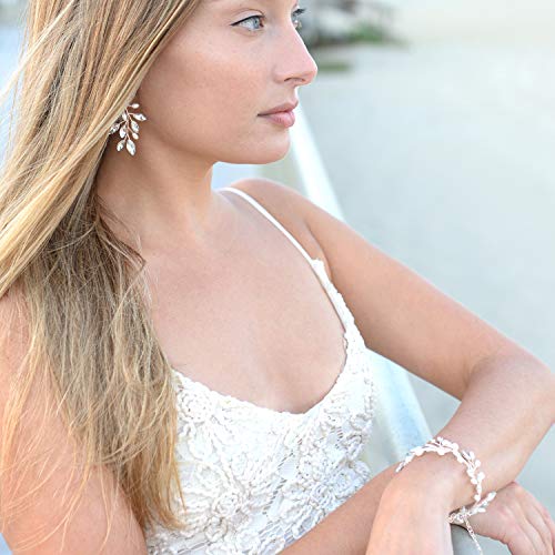 Mariell Bridal and Wedding Rose Gold Handmade Dangle Earrings, Crystal Gems and Petite Freshwater Pearls