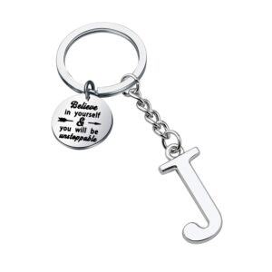 fustmw initial keychain alphabet initial letter key ring pendant inspiration gifts believe in yourself and you will unstoppable (initial j)