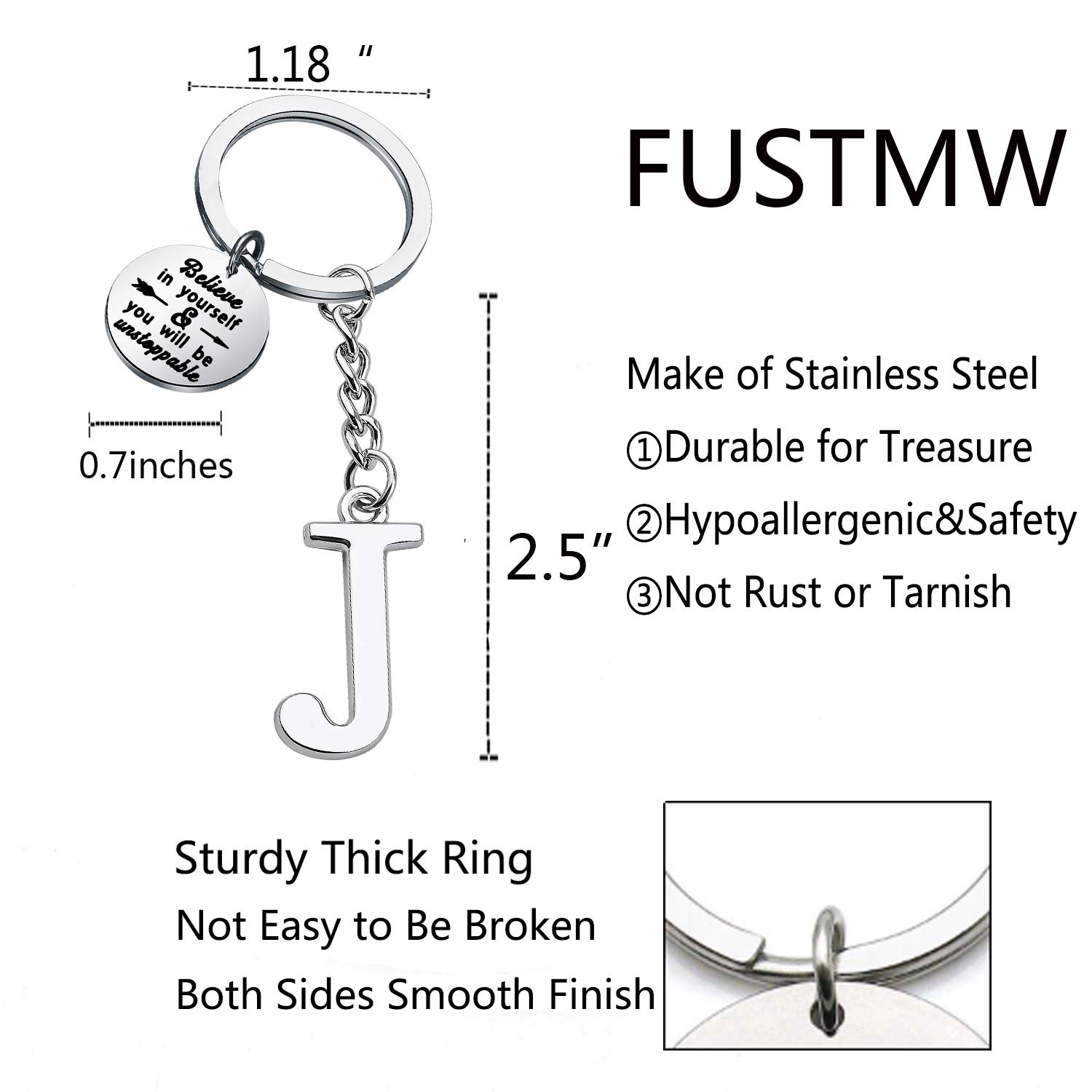 FUSTMW Initial Keychain Alphabet Initial Letter Key Ring Pendant Inspiration Gifts Believe in Yourself and You Will Unstoppable (Initial J)