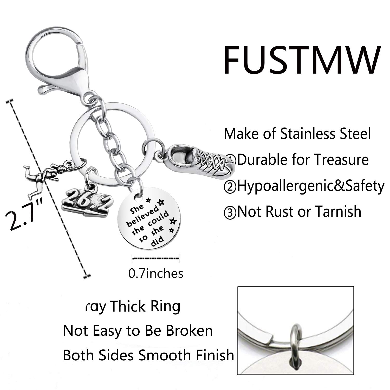 FUSTMW Runner Gifts Marathon Gift Runner Keychain Marathon Jewelry Running Gifts She Believed She Could 13.1 26.2 Keychain Marathon Gift for Her (She BL 26.2)