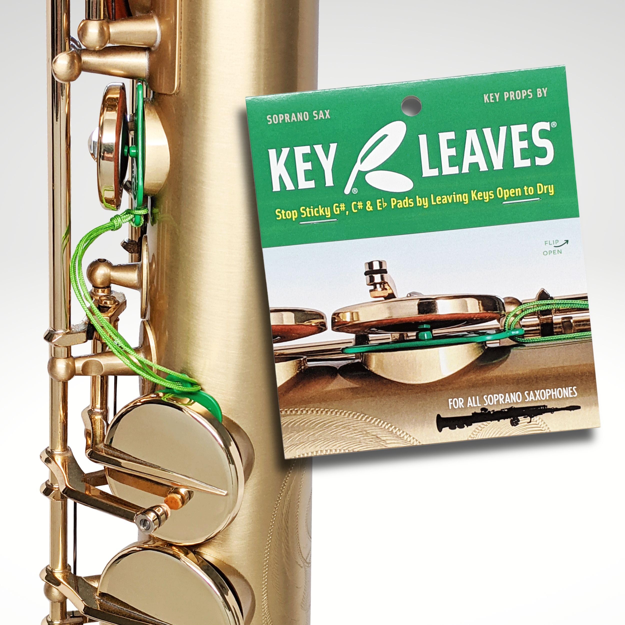 Key Leaves soprano saxophone key props to stop sticky pads, protect pad leather and keep your saxophone cleaner