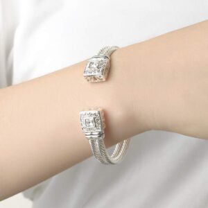 UNY Designer inspired jewelry double cable Wire Square CZ Antique Bangle Elegant Beautiful (White)