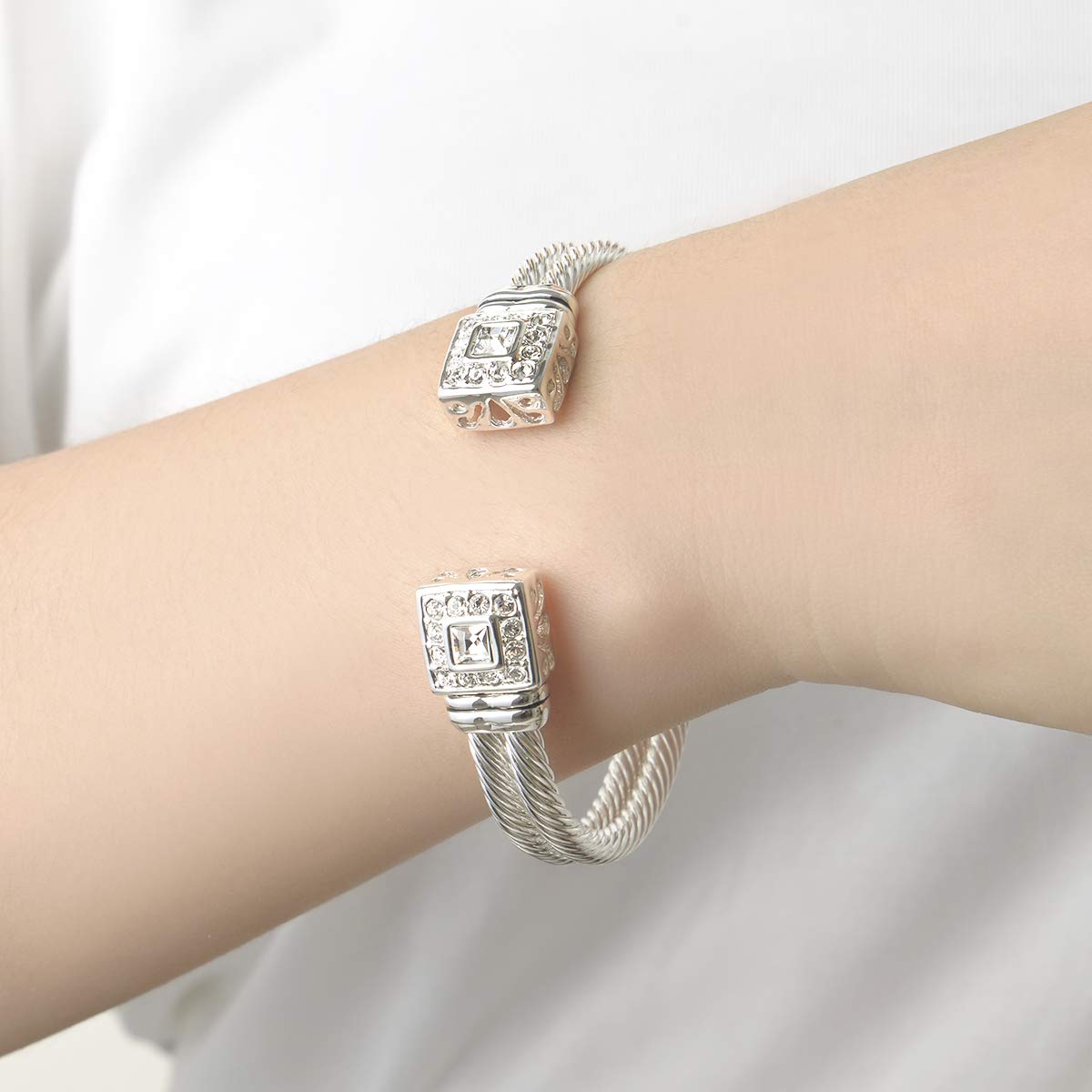 UNY Designer inspired jewelry double cable Wire Square CZ Antique Bangle Elegant Beautiful (White)