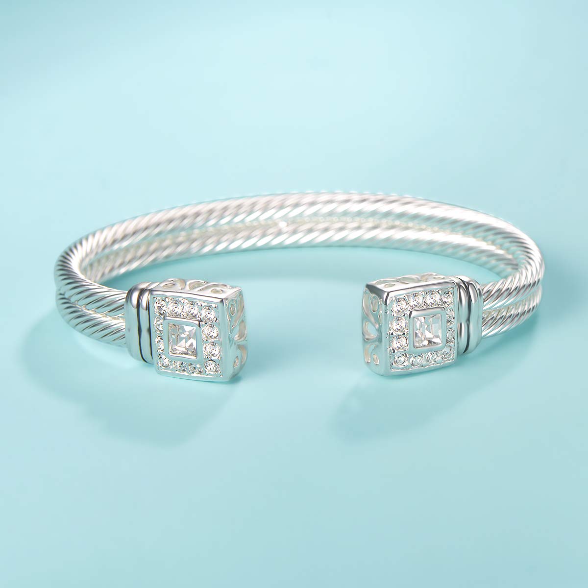 UNY Designer inspired jewelry double cable Wire Square CZ Antique Bangle Elegant Beautiful (White)