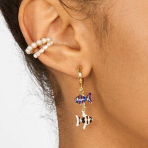 Moepapa Pearl Hoop Earrings Ear Cuff no piercing 2pacs Set (White)