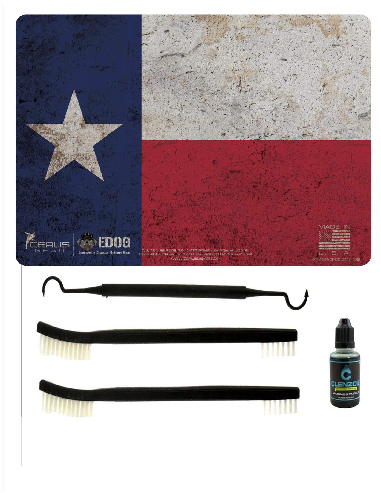 Texas State Flag 5 PC EDOG Cerus Gear Heavy Duty Pistol Cleaning 12x17 Padded Gun-Work Surface Protector Mat Solvent & Oil Resistant & 3 PC Cleaning Essentials & Clenzoil, Made in The USA