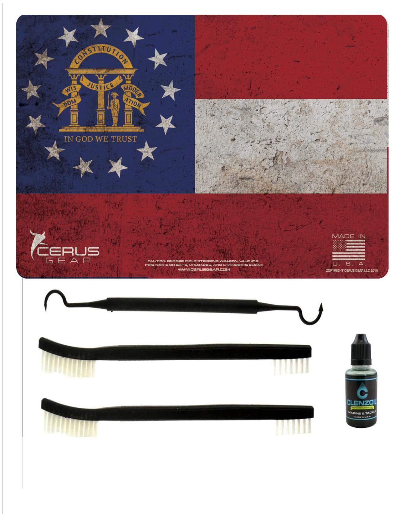 EDOG Georgia State Flag 5 PC Cerus Gear Heavy Duty Pistol Cleaning 12x17 Padded Gun-Work Surface Protector Mat Solvent & Oil Resistant & 3 PC Cleaning Essentials & Clenzoil, Made in The USA