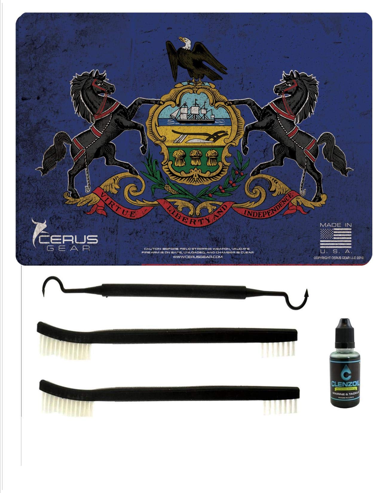 EDOG Pennsylvaina State Flag 5 PC Cerus Gear Heavy Duty Pistol Cleaning 12x17 Padded Gun-Work Surface Protector Mat Solvent & Oil Resistant & 3 PC Cleaning Essentials & Clenzoil, Made in The USA