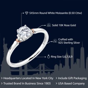 Gem Stone King 925 Sterling Silver and 10K Rose Gold 5MM Round Gemstone Birthstone Solitaire Engagement Ring | Wedding Anniversary Promise Ring For Women | Available In Size 5, 6, 7, 8, 9