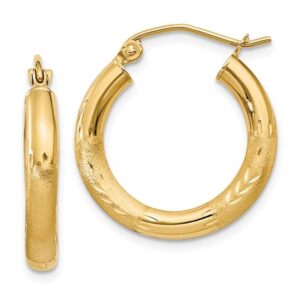 yellow gold diamond cut 3mm round hoop earrings, (20mm)