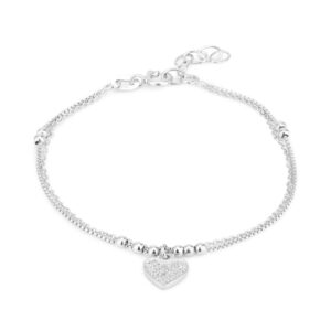 vanbelle rhodium plated 925 sterling silver double layered beaded chain with dangling heart charm & cubic zirconia stones bracelet for women and girls