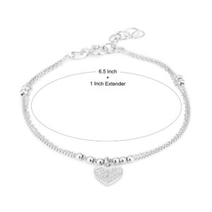 Vanbelle Rhodium Plated 925 Sterling Silver Double Layered Beaded Chain with Dangling Heart Charm & Cubic Zirconia Stones Bracelet for Women and Girls