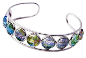 blazing autumn cuff bracelet art pattern under glass dome jewelry handmade (claude monet lilies pond)