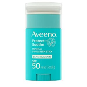 aveeno protect + soothe mineral sunscreen stick for sensitive skin, spf 50, water-resistant for 80 minutes, face & body sunscreen with zinc oxide & oat, fragrance-free, travel size, 1.5 oz