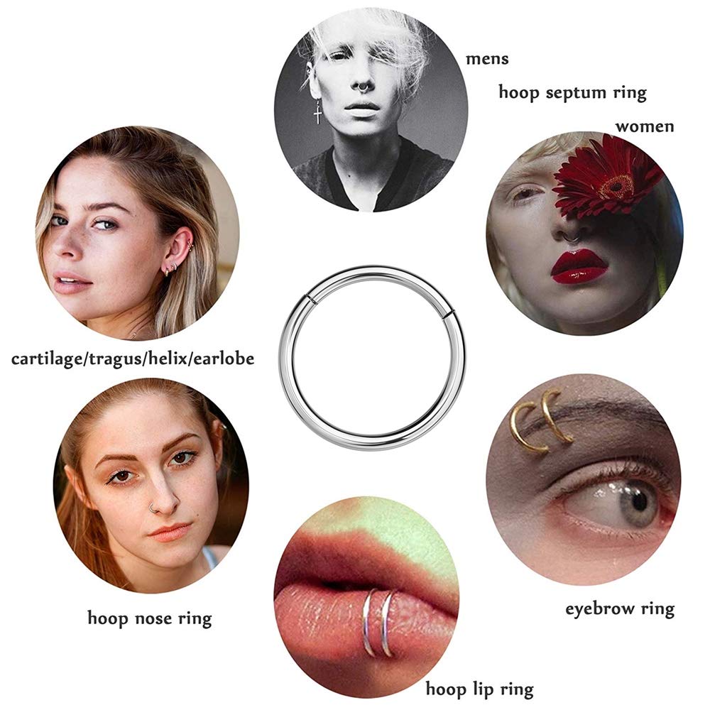 MissNity 316L Surgical Steel Hinged Nose Rings Hoop 18G 18 Guage Clicker Segment Nose Hoop, Silver, 8mm