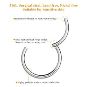 MissNity 316L Surgical Steel Hinged Nose Rings Hoop 18G 18 Guage Clicker Segment Nose Hoop, Silver, 8mm