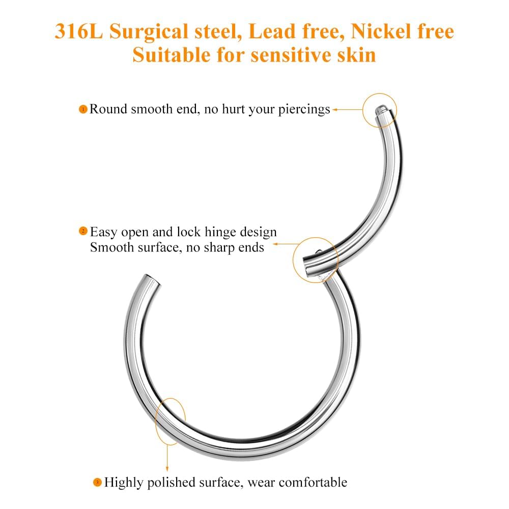 MissNity 316L Surgical Steel Hinged Nose Rings Hoop 18G 18 Guage Clicker Segment Nose Hoop, Silver, 8mm