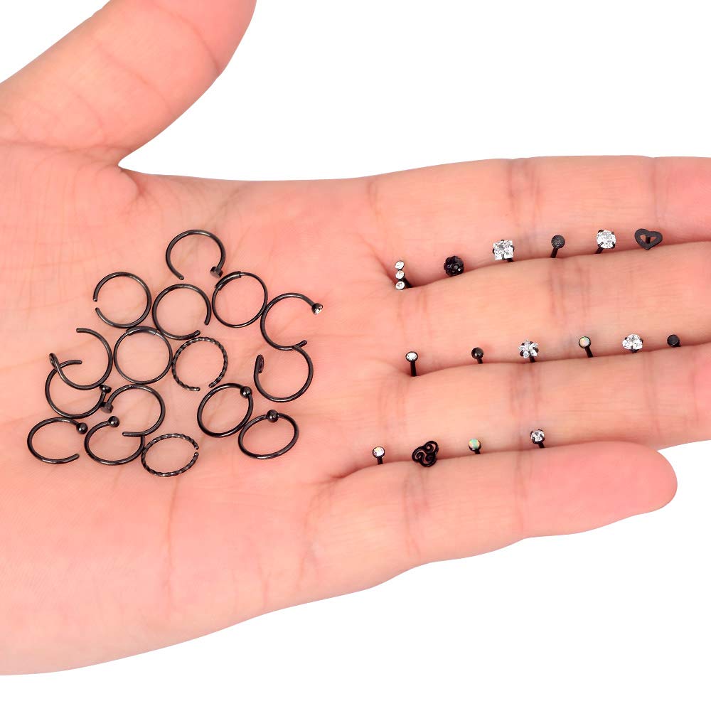 Longbeauty 32Pcs C-Shaped Nose Ring L-Shaped Nose Studs Bone Tragus Cartilage Hoop Rings Piercings 20g for Men Women (L-Shape & C-Shape, black)