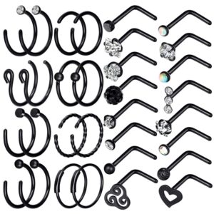 longbeauty 32pcs c-shaped nose ring l-shaped nose studs bone tragus cartilage hoop rings piercings 20g for men women (l-shape & c-shape, black)