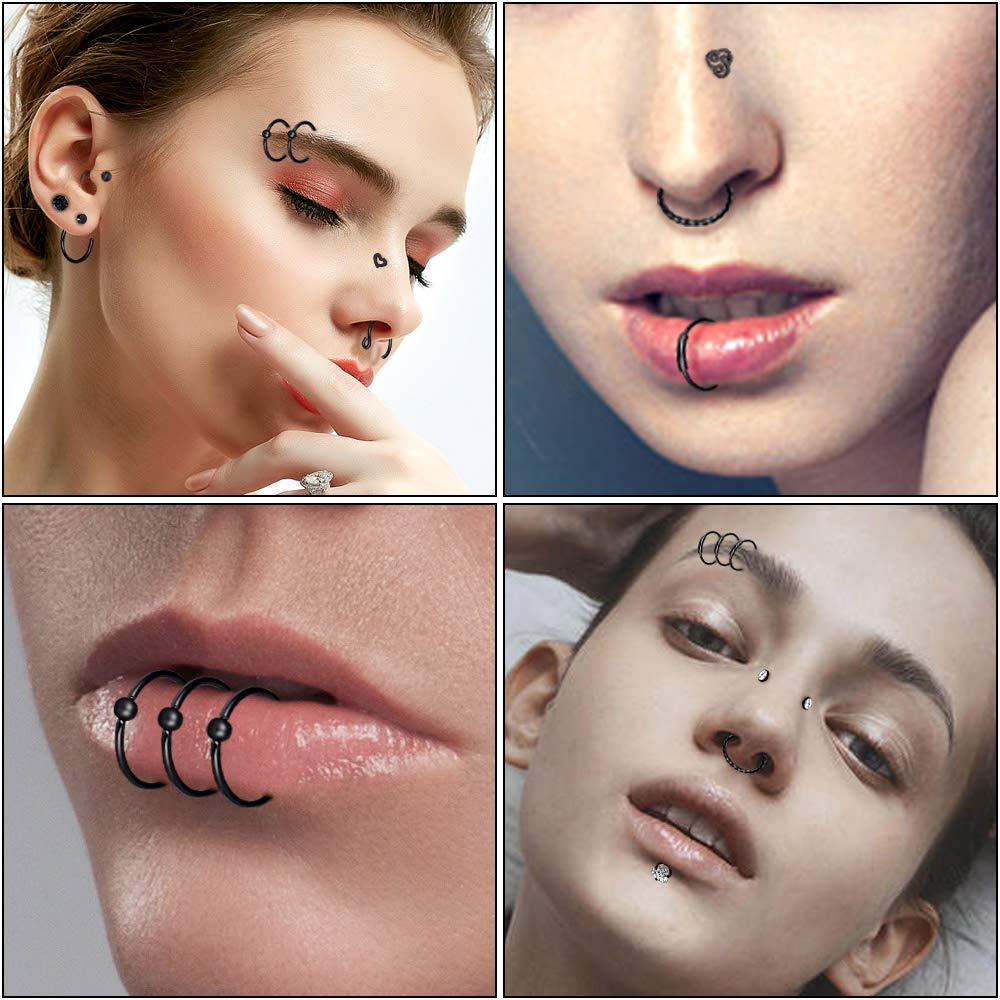 Longbeauty 32Pcs C-Shaped Nose Ring L-Shaped Nose Studs Bone Tragus Cartilage Hoop Rings Piercings 20g for Men Women (L-Shape & C-Shape, black)