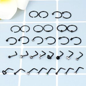 Longbeauty 32Pcs C-Shaped Nose Ring L-Shaped Nose Studs Bone Tragus Cartilage Hoop Rings Piercings 20g for Men Women (L-Shape & C-Shape, black)