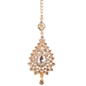 new! touchstone indian bollywood traditional filigree attractive bridal rhinestone studded look designer jewelry mangtika head accessory in gold tone for women.