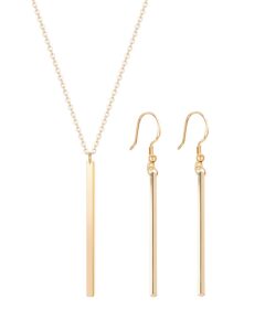 culovity simple long necklace earrings set vertical bar pendant necklaces bar drop earrings lariat chain polished jewelry for women, 2.4" pendant 35" chain gold plated