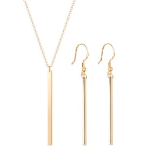 CULOVITY Simple Long Necklace Earrings Set Vertical Bar Pendant Necklaces Bar Drop Earrings Lariat Chain Polished Jewelry for Women, 2.4" Pendant 35" Chain Gold Plated