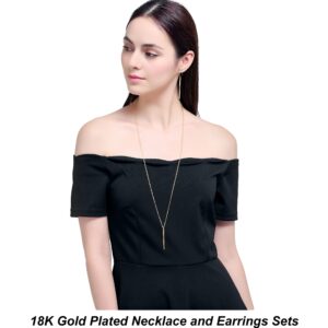 CULOVITY Simple Long Necklace Earrings Set Vertical Bar Pendant Necklaces Bar Drop Earrings Lariat Chain Polished Jewelry for Women, 2.4" Pendant 35" Chain Gold Plated