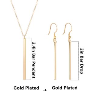 CULOVITY Simple Long Necklace Earrings Set Vertical Bar Pendant Necklaces Bar Drop Earrings Lariat Chain Polished Jewelry for Women, 2.4" Pendant 35" Chain Gold Plated