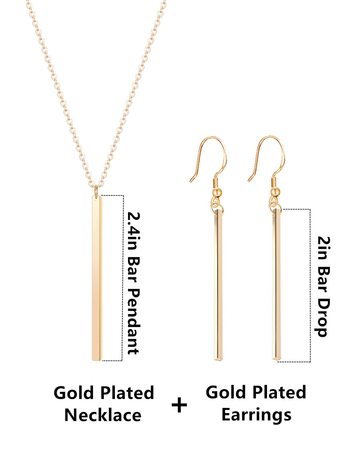 CULOVITY Simple Long Necklace Earrings Set Vertical Bar Pendant Necklaces Bar Drop Earrings Lariat Chain Polished Jewelry for Women, 2.4" Pendant 35" Chain Gold Plated