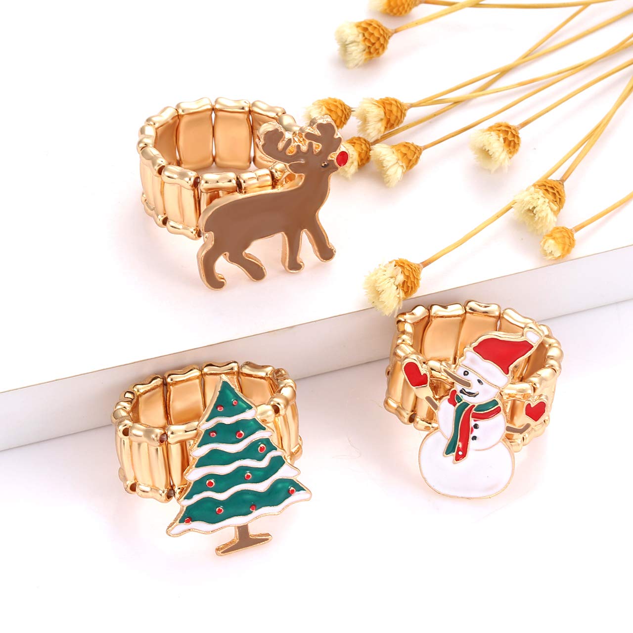 ANGLESJELL Christmas Rings Set for Women (Tree+Snowman+Deer, 6.5)