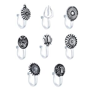 yellow chimes antique silver oxidized 8 pcs combo set ethnic indian traditional non-piercing nose pin jewelry for women and girls