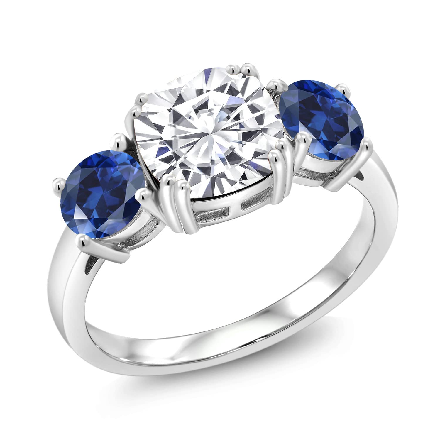 925 Sterling Silver Forever Brilliant Moissanite From Charles & Colvard and Blue Created Sapphire 3 Stone Engagement Ring For Women (3.60 Cttw, Gemstone, Cushion 8MM, Size 6)