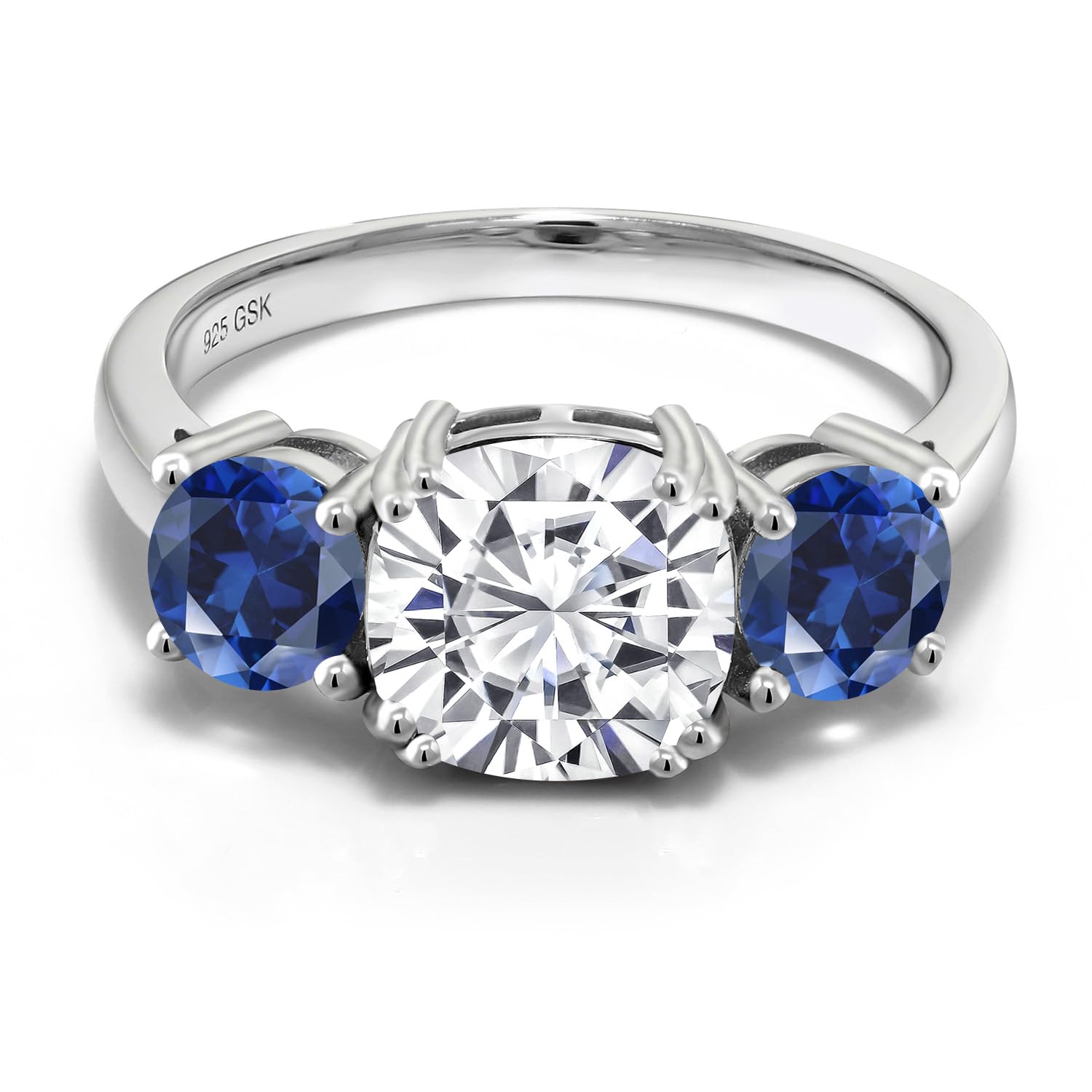 925 Sterling Silver Forever Brilliant Moissanite From Charles & Colvard and Blue Created Sapphire 3 Stone Engagement Ring For Women (3.60 Cttw, Gemstone, Cushion 8MM, Size 6)