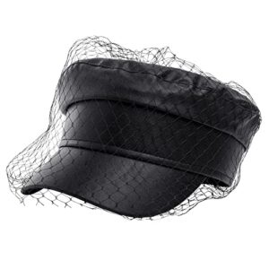 beret hats for women pu leather newsboy fiddler cap with veil casual baker boy captain hat