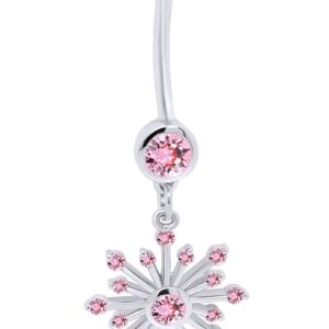 AFFY Round Shape Simulated Tourmaline Snowflake Belly Button Navel Ring in 14K White Gold Over Sterling Silver