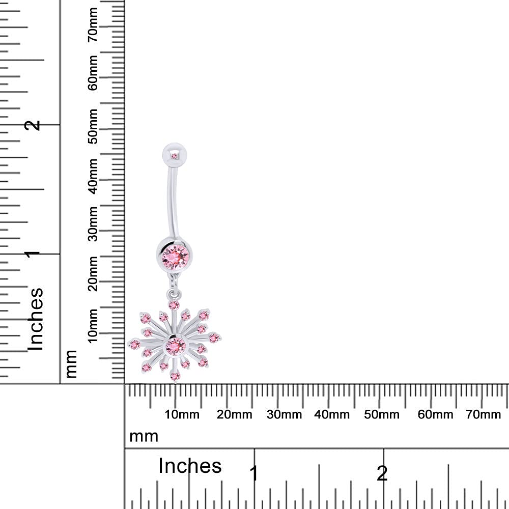 AFFY Round Shape Simulated Tourmaline Snowflake Belly Button Navel Ring in 14K White Gold Over Sterling Silver